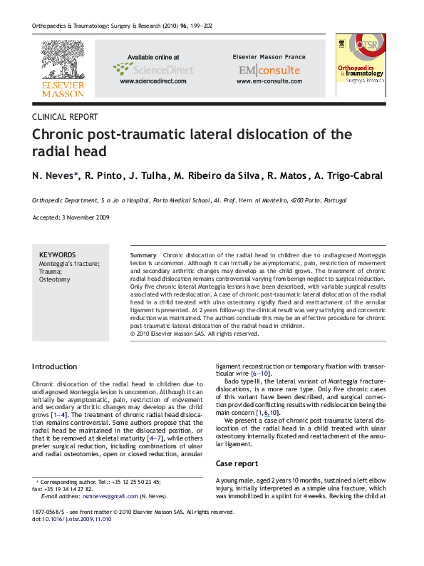 (PDF) Chronic post-traumatic lateral dislocation of the radial head