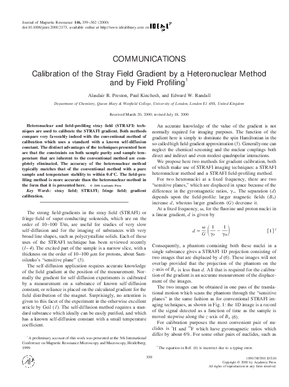 (PDF) Calibration of the Stray Field Gradient by a Heteronuclear Method ...