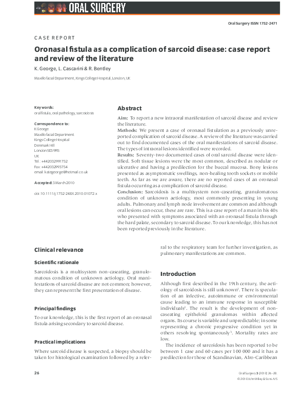 (PDF) Oronasal fistula as a complication of sarcoid disease: case ...