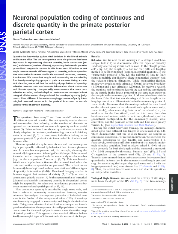Pdf Neuronal Population Coding Of Continuous And Discrete Quantity In The Primate Posterior
