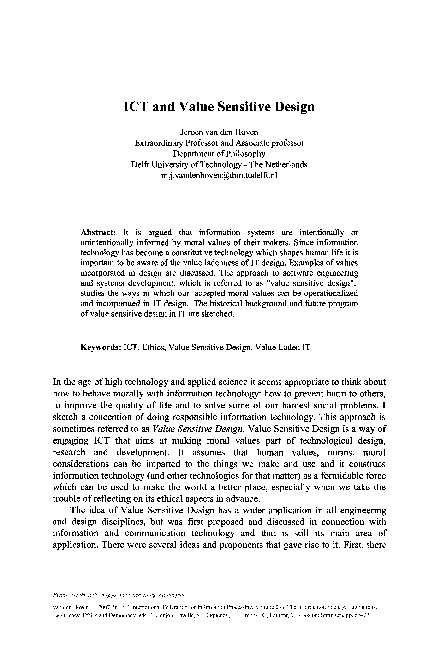 (PDF) ICT and Value Sensitive Design