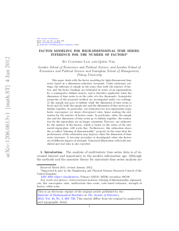 Pdf Factor Modeling For High Dimensional Time Series Inference For The Number Of Factors
