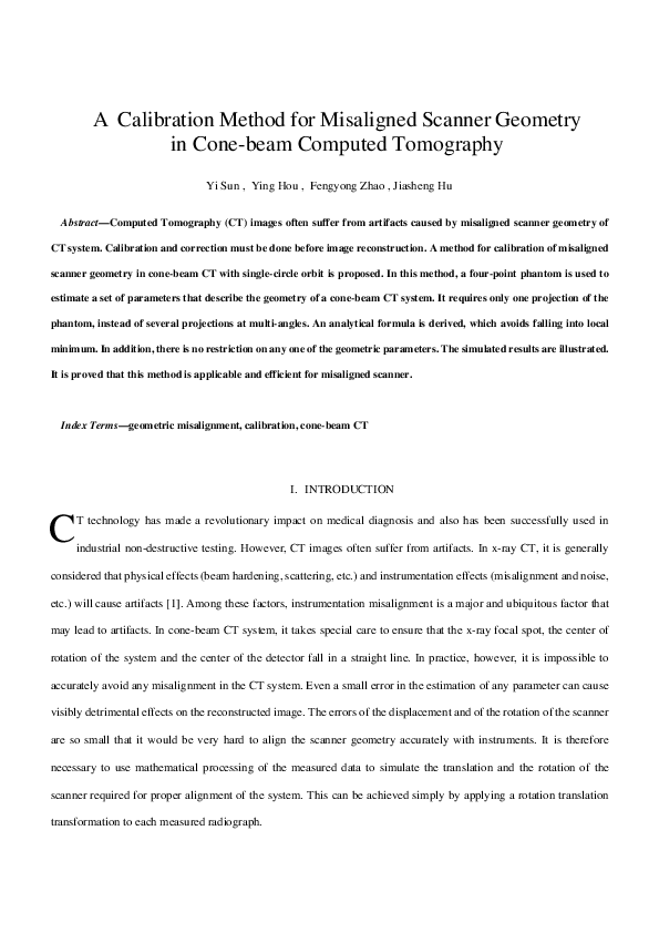 (PDF) A calibration method for misaligned scanner geometry in cone-beam computed tomography