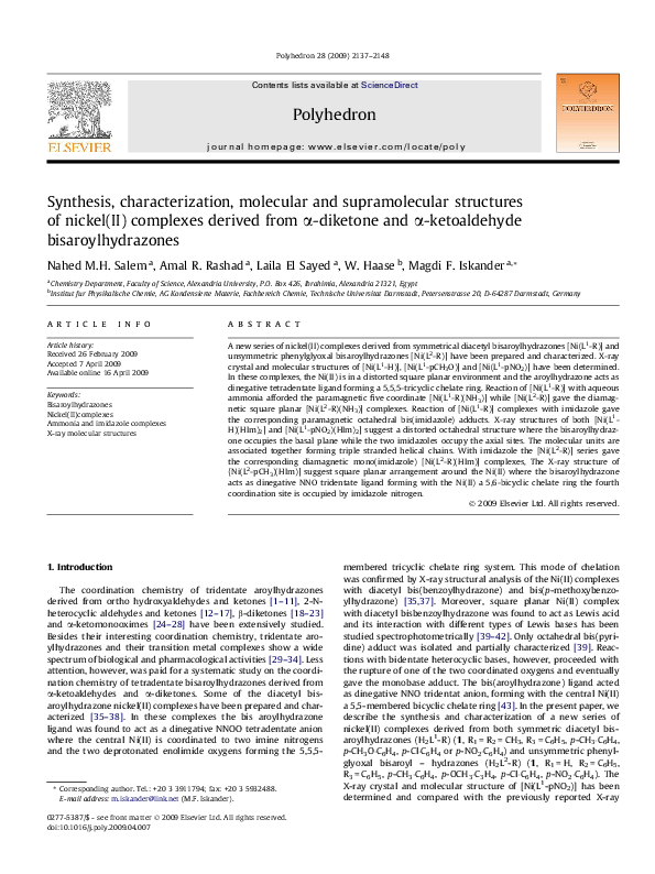 (PDF) Synthesis, characterization, molecular and supramolecular structures of nickel(II ...