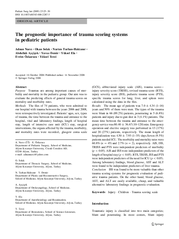 (PDF) The prognostic importance of trauma scoring systems in pediatric ...