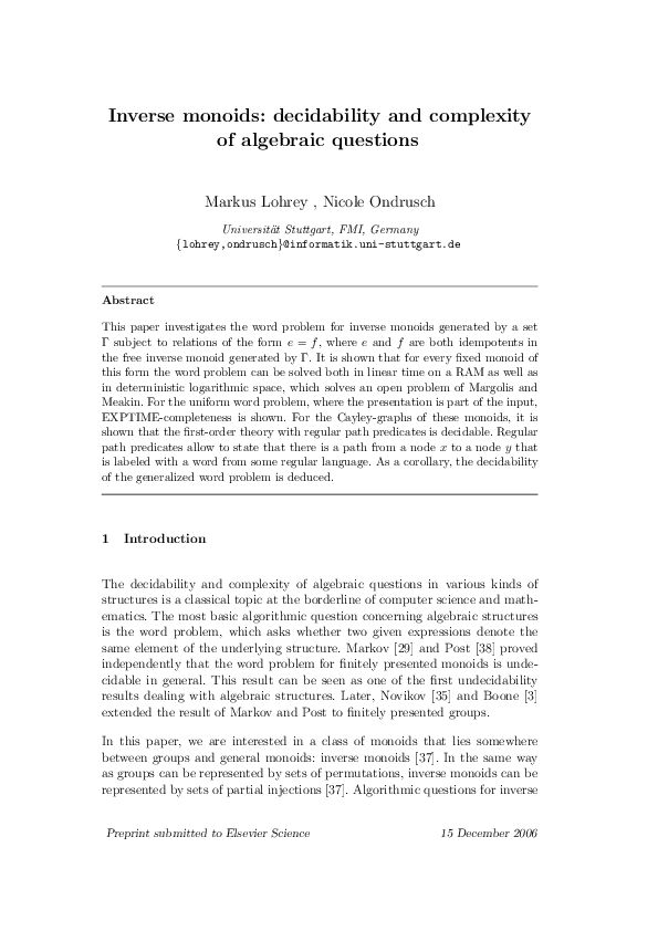 (PDF) Inverse monoids: Decidability and complexity of algebraic questions