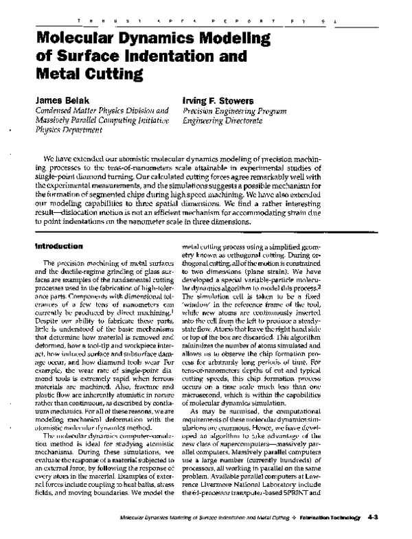 (PDF) Molecular Dynamics Modeling of Surface Indentation and Metal Cutting