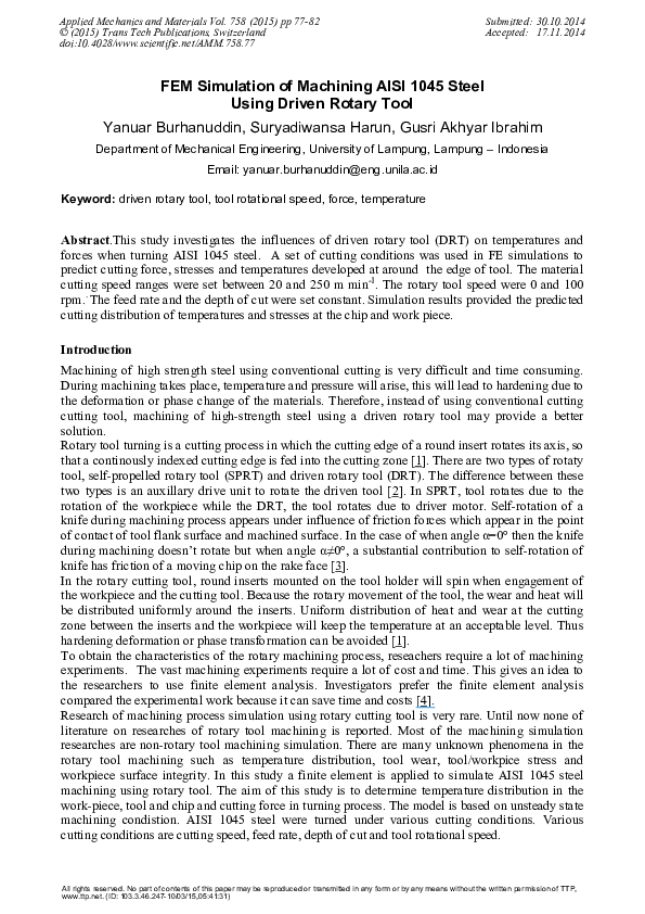 (PDF) FEM Simulation of Machining AISI 1045 Steel Using Driven Rotary Tool