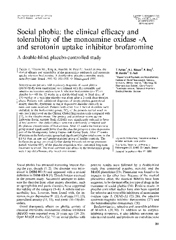 (PDF) Social phobia: the clinical efficacy and tolerability of the ...