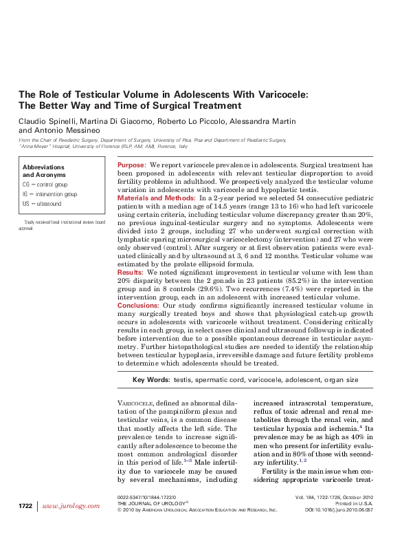 (PDF) The Role of Testicular Volume in Adolescents With Varicocele: The ...