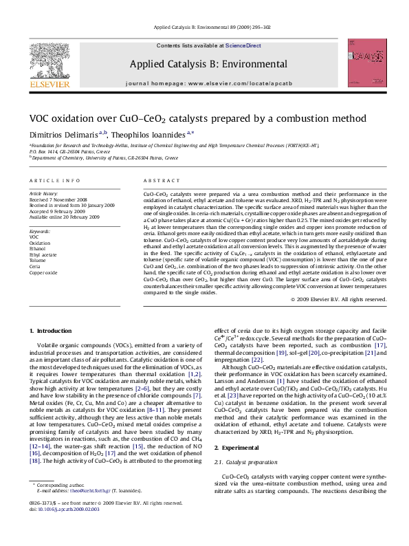 (PDF) VOC oxidation over CuO–CeO 2 catalysts prepared by a combustion ...