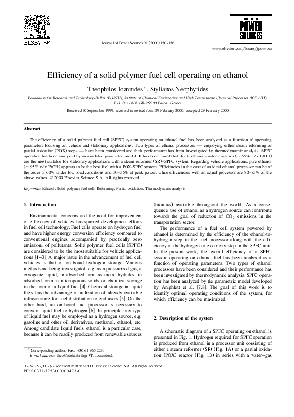 (PDF) Efficiency of a solid polymer fuel cell operating on ethanol