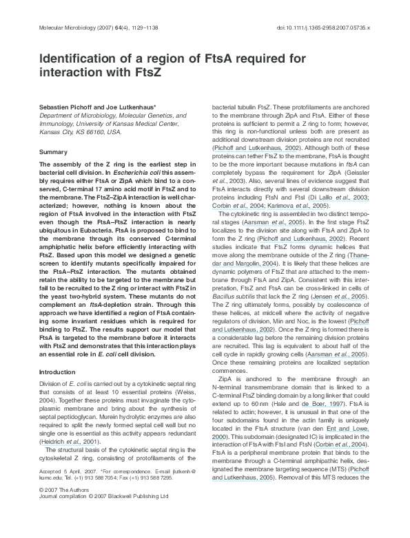 (PDF) Identification of a region of FtsA required for interaction with FtsZ