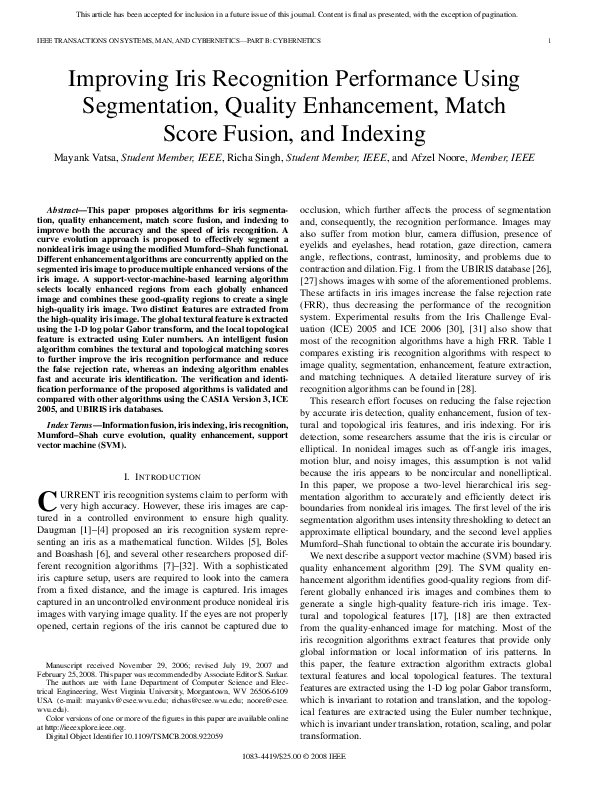 (PDF) Improving Iris Recognition Performance Using Segmentation, Quality Enhancement, Match ...