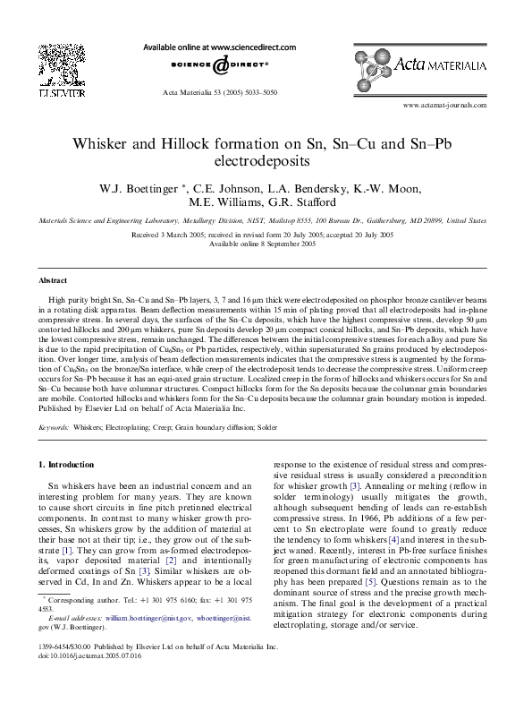 (PDF) Whisker and Hillock formation on Sn, Sn–Cu and Sn–Pb electrodeposits