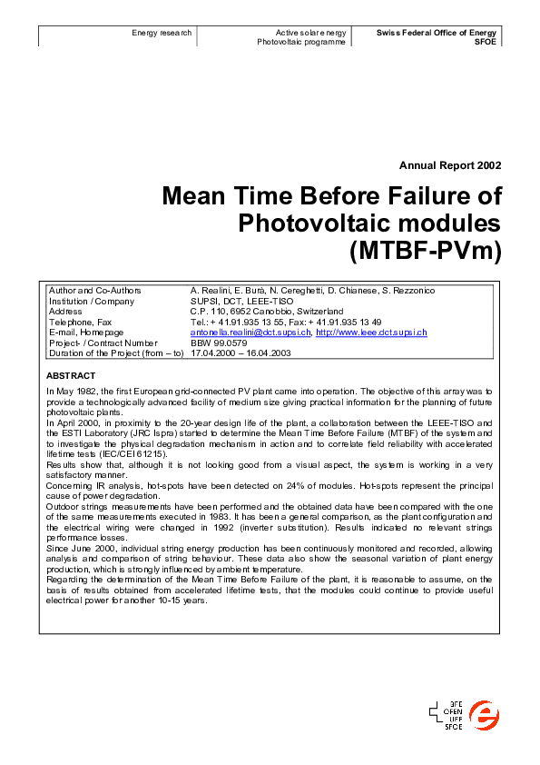 (PDF) Mean Time Before Failure of Photovoltaic modules (MTBF-PVm