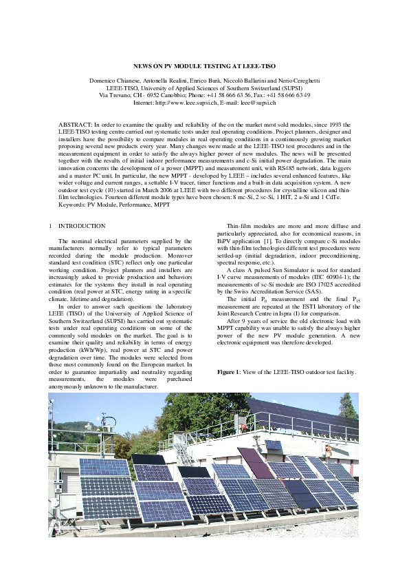 (PDF) NEWS ON PV MODULE TESTING AT LEEE-TISO