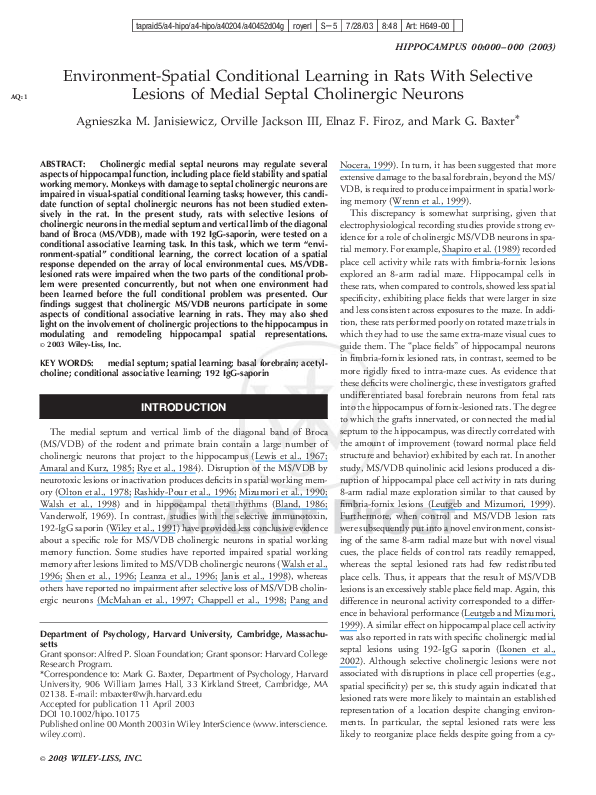 (PDF) Environment-spatial conditional learning in rats with selective lesions of medial septal ...