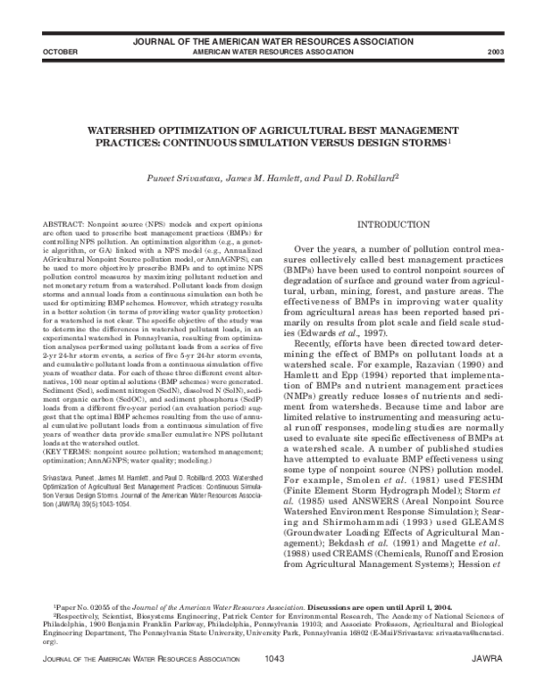 (PDF) Watershed Optimization of Agricultural Best Management Practices: Continuous Simulation ...