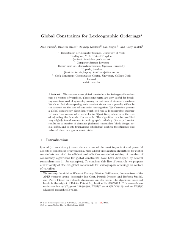 (PDF) Global Constraints for Lexicographic Orderings