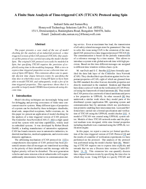 (PDF) A Finite State Analysis of Time-Triggered CAN (TTCAN) Protocol Using Spin
