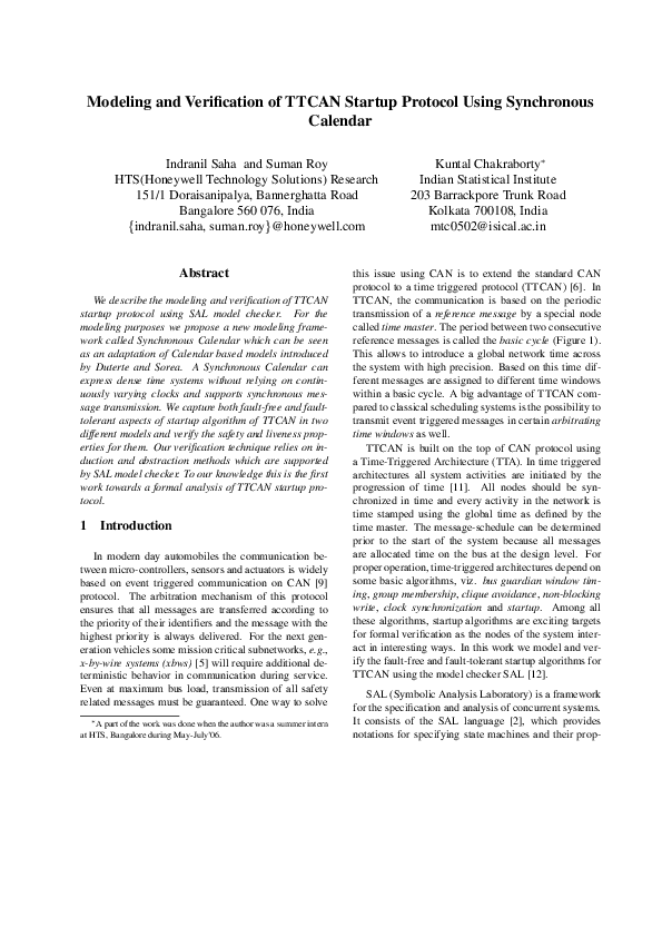 Pdf Modeling And Verification Of Ttcan Startup Protocol Using Synchronous Calendar
