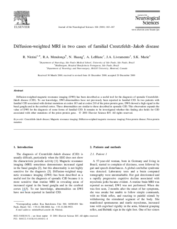 (PDF) Diffusion-weighted MRI in two cases of familial Creutzfeldt–Jakob ...