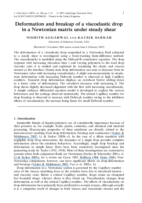 (PDF) Deformation and breakup of a viscoelastic drop in a Newtonian matrix under steady shear