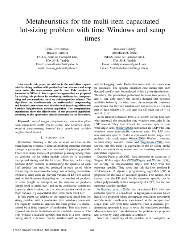 Pdf Metaheuristics For The Multi Item Capacitated Lot Sizing Problem With Time Windows And 