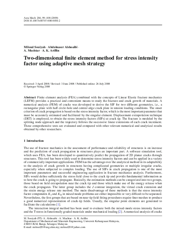 (PDF) Two-dimensional finite element method for stress intensity factor using adaptive mesh strategy