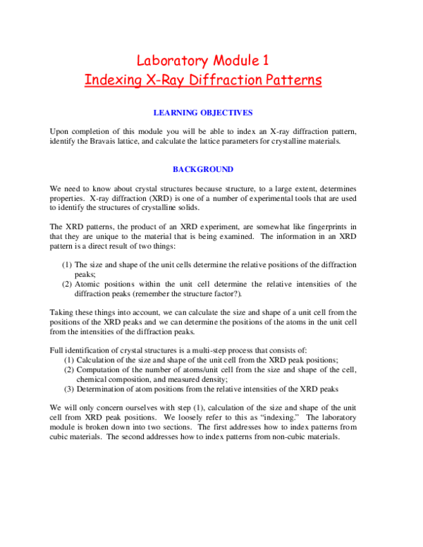 (PDF) Laboratory Module 1 Indexing X-Ray Diffraction Patterns