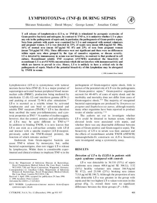 (PDF) LYMPHOTOXIN-α (TNF-β) DURING SEPSIS