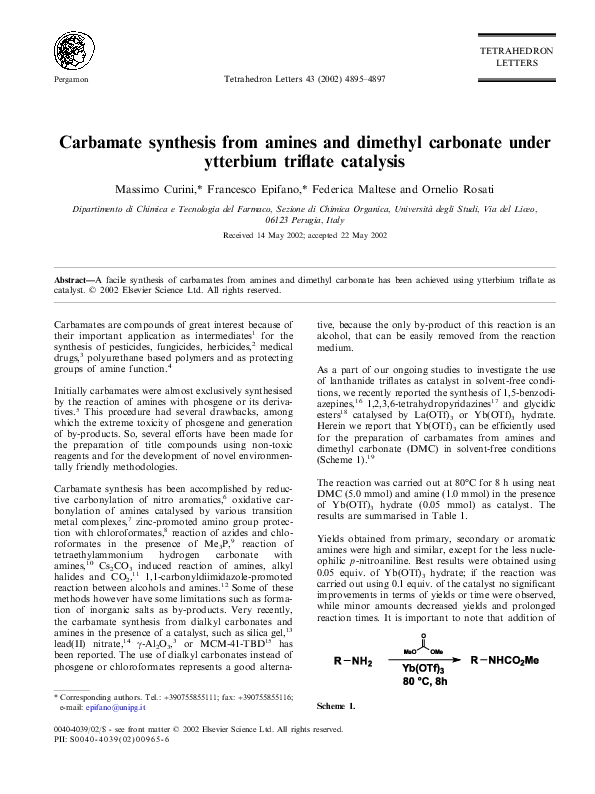 (PDF) Carbamate synthesis from amines and dimethyl carbonate under ...