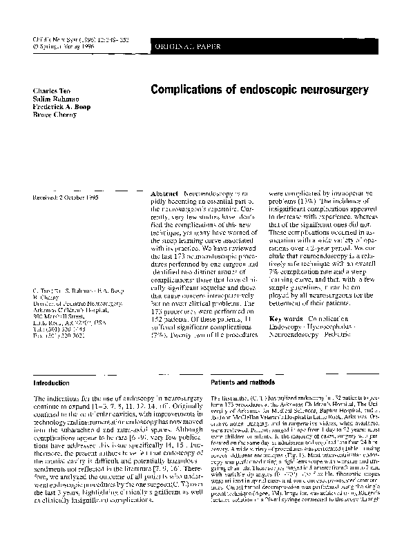 (PDF) Complications of endoscopic neurosurgery