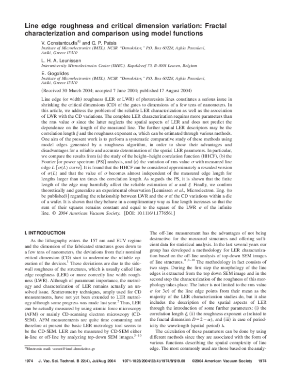 Pdf Line Edge Roughness And Critical Dimension Variation Fractal Characterization And