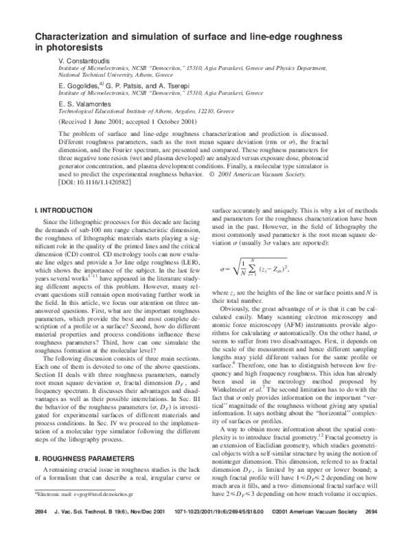 Pdf Characterization And Simulation Of Surface And Line Edge Roughness In Photoresists