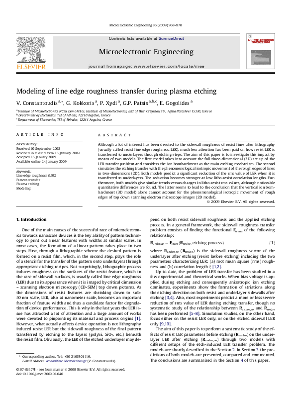 Pdf Modeling Of Line Edge Roughness Transfer During Plasma Etching