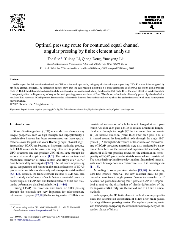 (PDF) Optimal pressing route for continued equal channel angular pressing by finite element analysis
