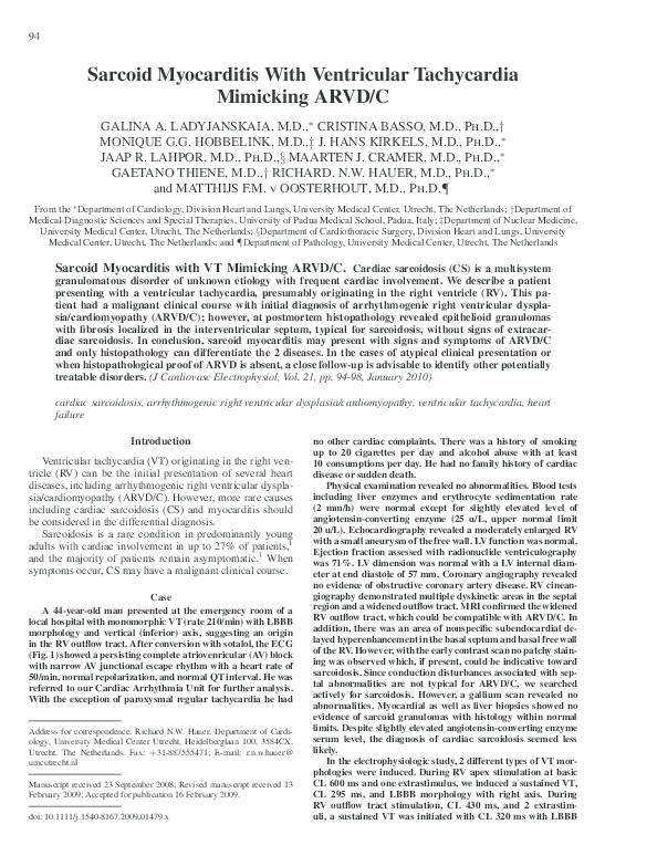 (PDF) Sarcoid Myocarditis With Ventricular Tachycardia Mimicking ARVD/C