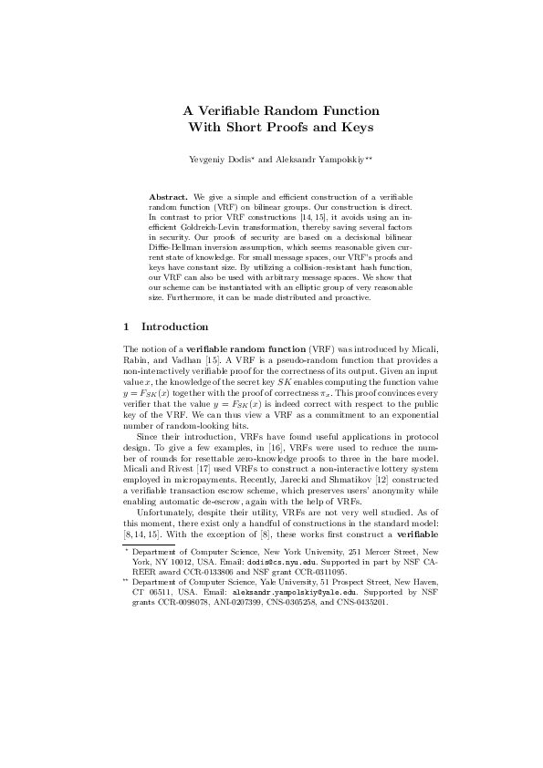 (PDF) A Verifiable Random Function with Short Proofs and Keys