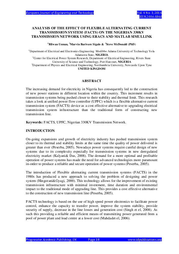 (PDF) ANALYSIS OF THE EFFECT OF FLEXIBLE ALTERNATING CURRENT TRANSMISSION SYSTEM (FACTS) ON THE ...