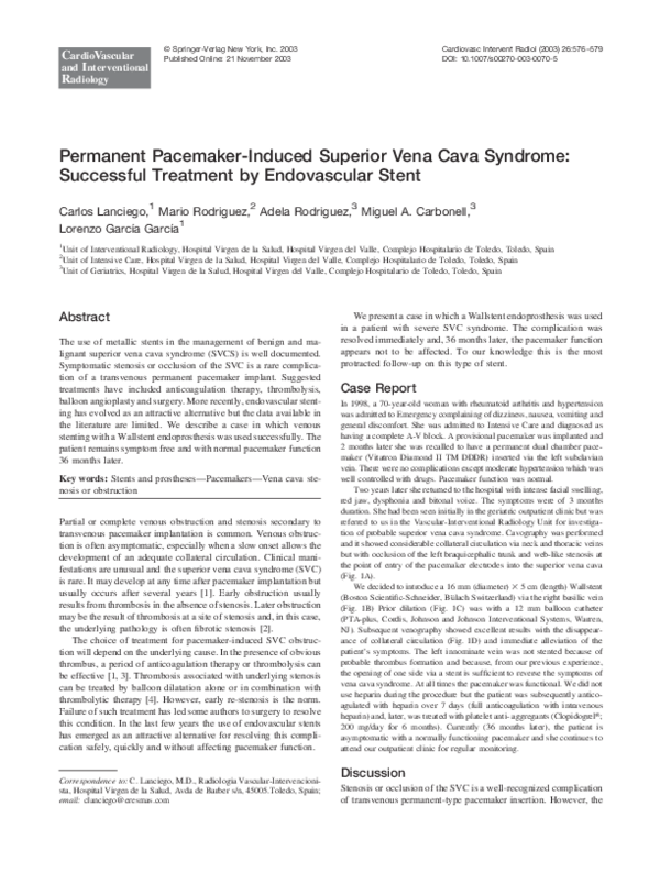(PDF) Permanent Pacemaker-Induced Superior Vena Cava Syndrome ...