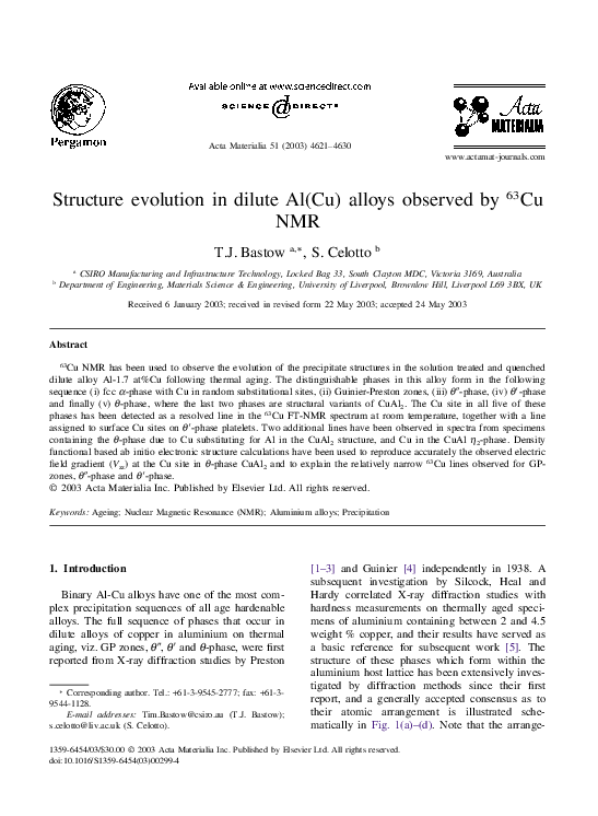 (PDF) Structure evolution in dilute Al(Cu) alloys observed by 63Cu NMR