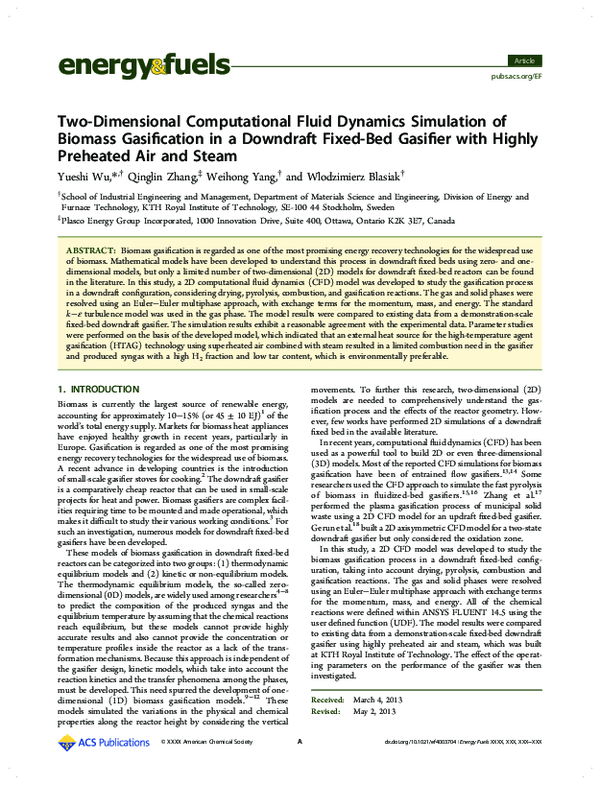 (PDF) Two-Dimensional Computational Fluid Dynamics Simulation of Biomass Gasification in a ...