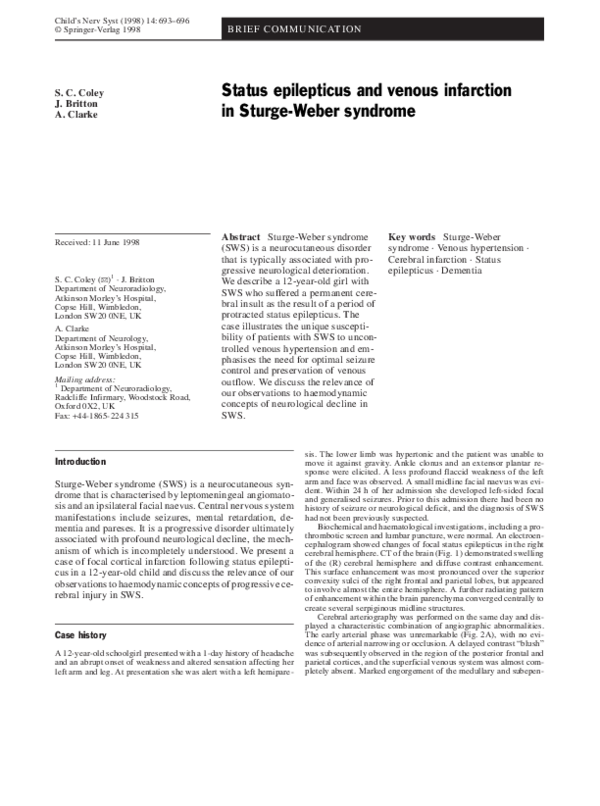 (PDF) Status epilepticus and venous infarction in Sturge-Weber syndrome ...