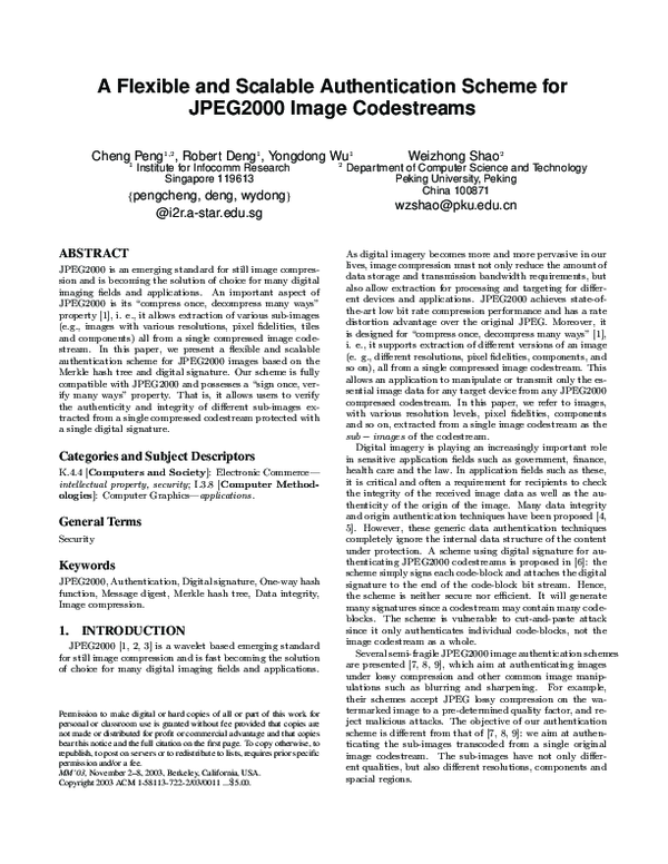Pdf A Flexible And Scalable Authentication Scheme For Jpeg2000 Image Codestreams
