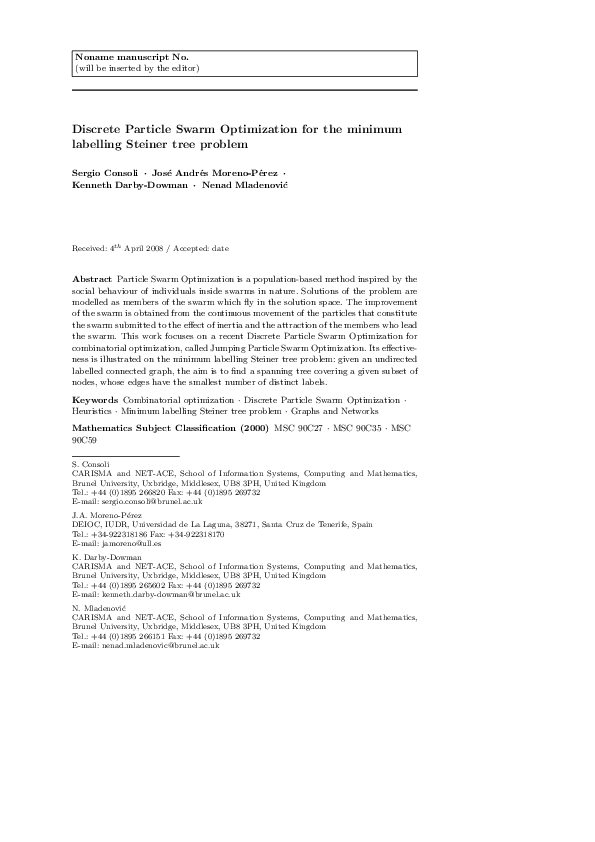 (PDF) Discrete Particle Swarm Optimization for the minimum labelling Steiner tree problem