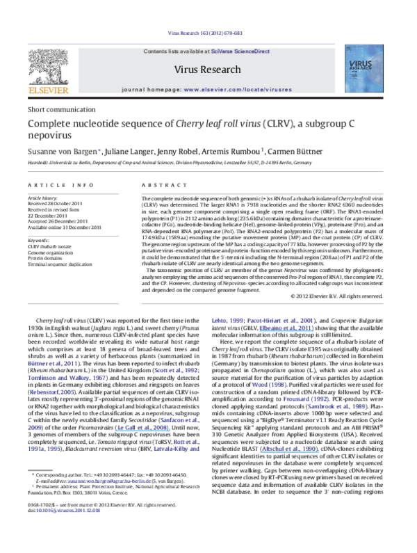 (PDF) Complete nucleotide sequence of Cherry leaf roll virus (CLRV), a ...