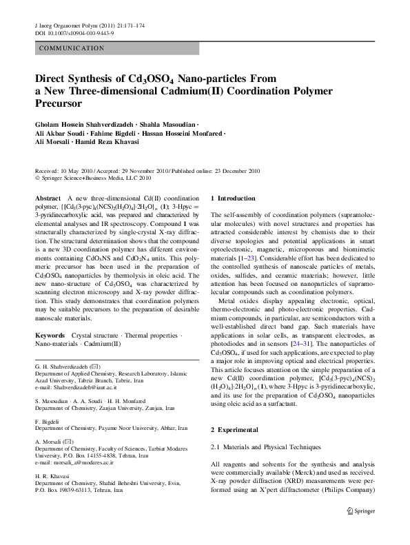Pdf Direct Synthesis Of Cd 3 Oso 4 Nanoparticles From A New Three Dimensional Cadmium Ii