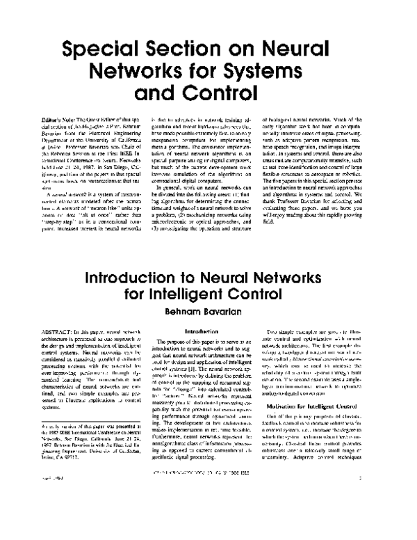 Pdf Introduction To Neural Networks For Intelligent Control 